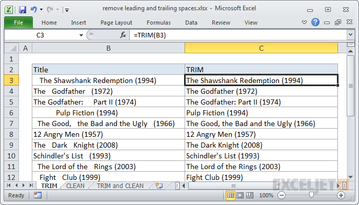 Remove Leading And Trailing Spaces From Text Excel Formula Exceljet